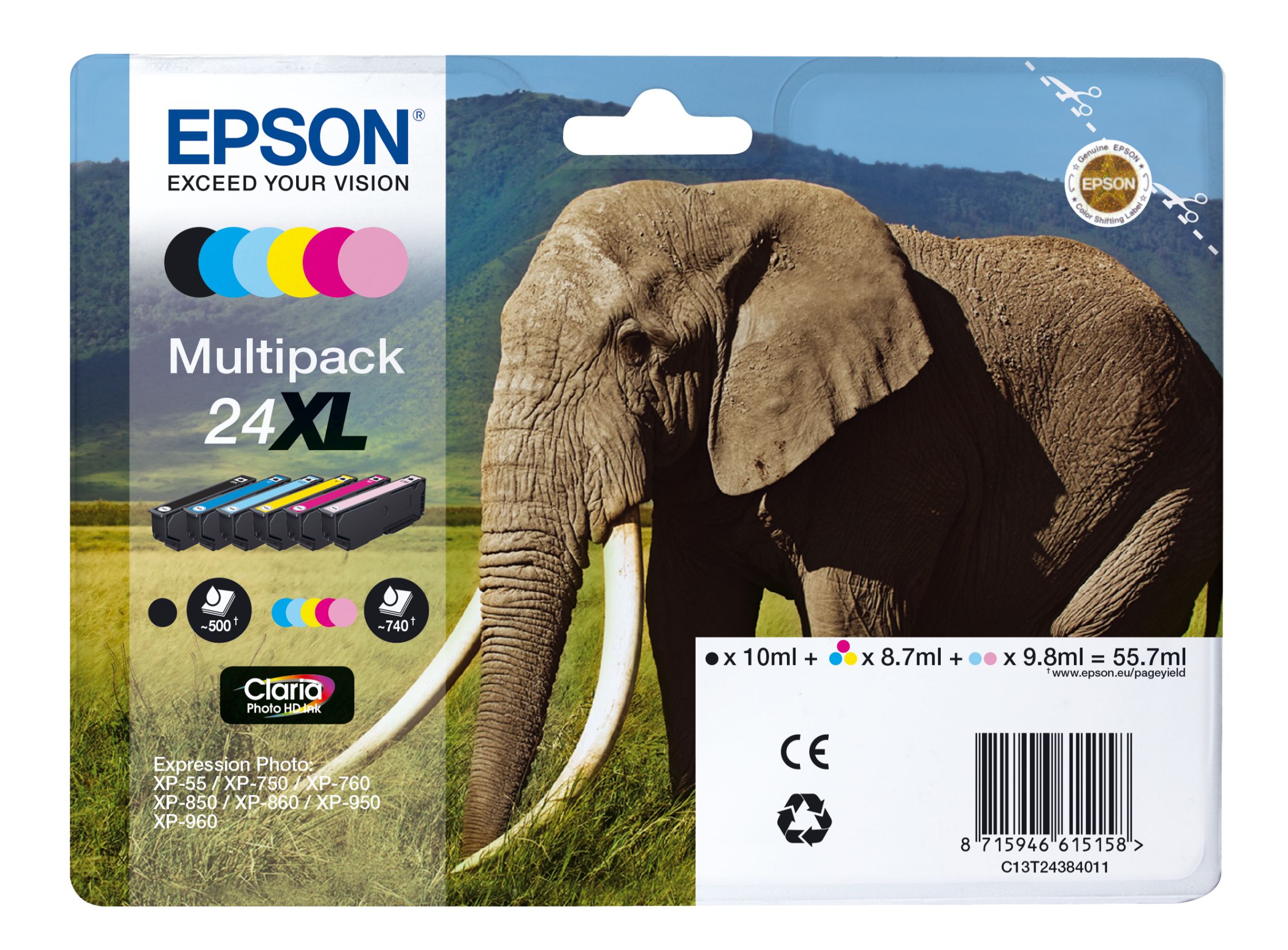 C13T24384011: Epson Elephant 24XL 6-Colour Claria Photo Ink